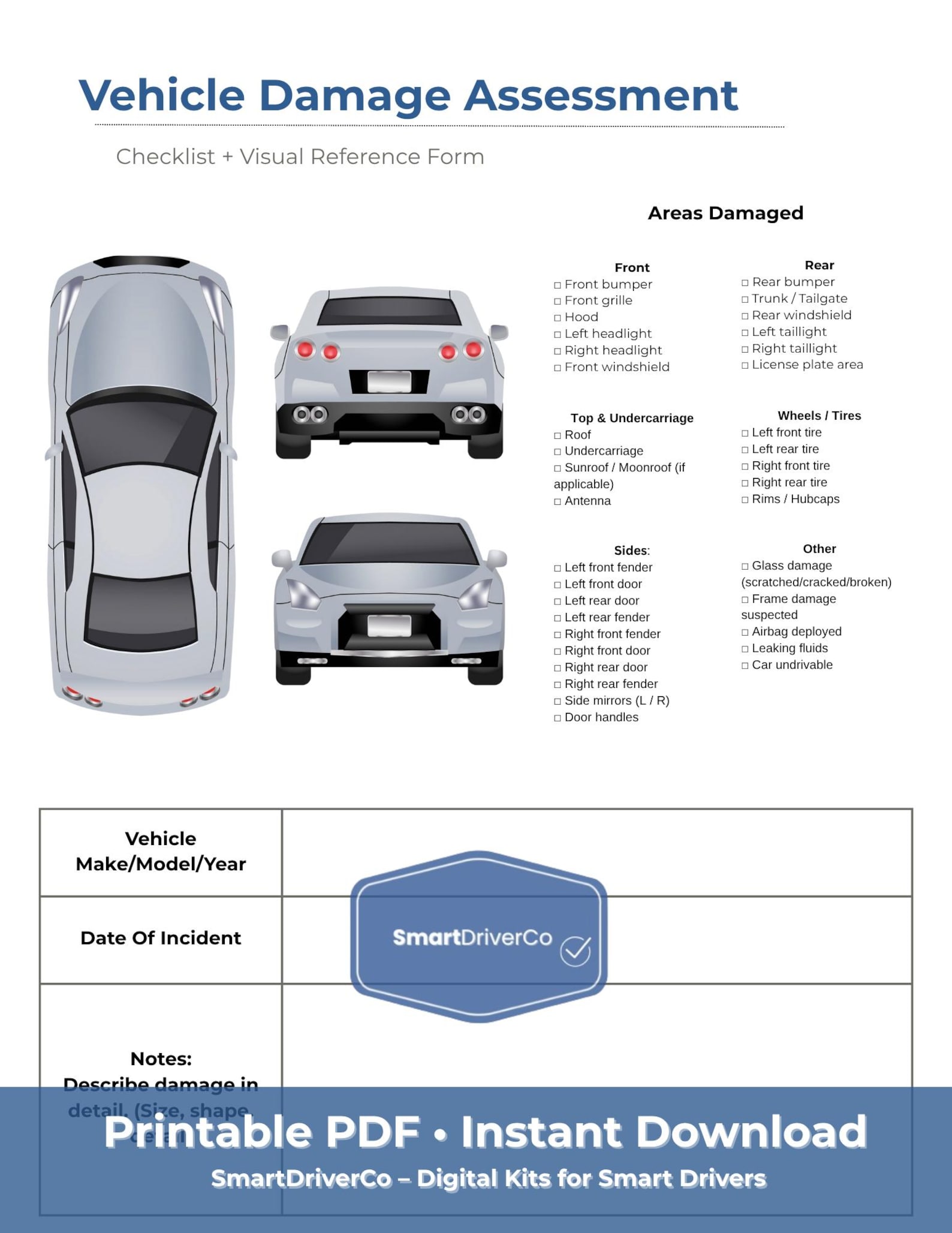 Vehicle Damage Assessment Form | Printable Car Damage Checklist PDF - Etsy