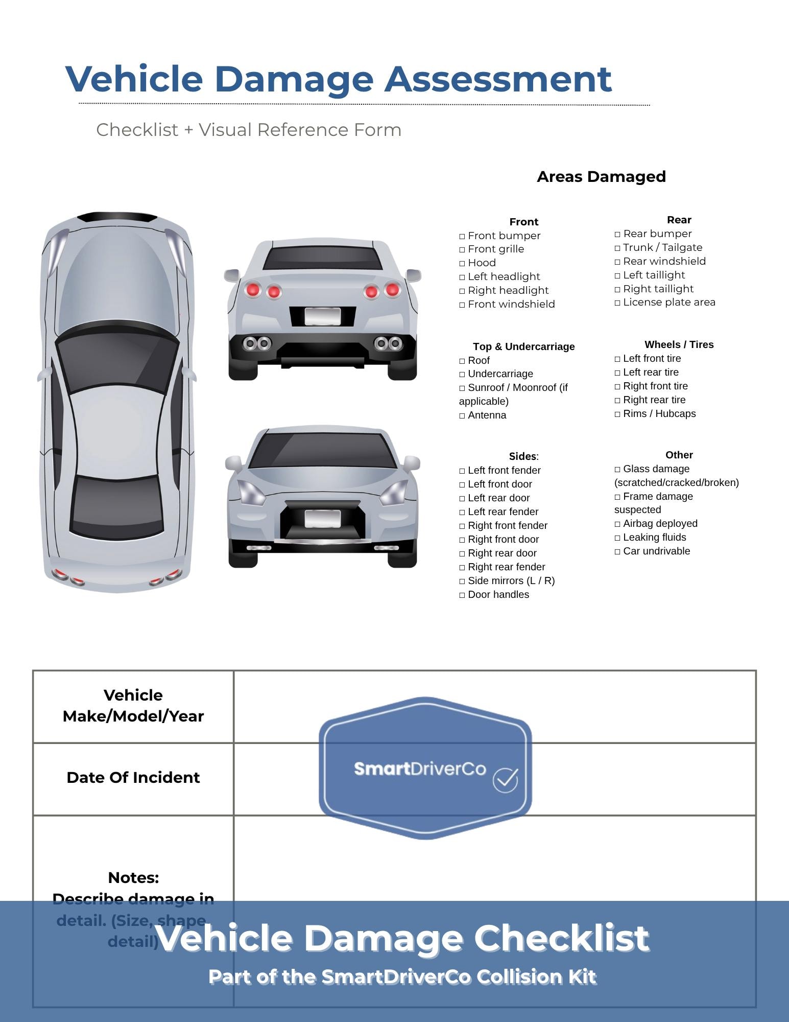 Vehicle Damage Assessment Form | Printable Car Damage Checklist PDF - Etsy