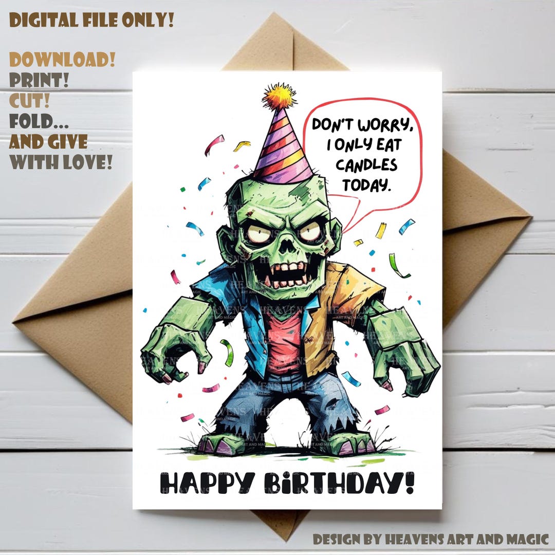 Funny Zombie Birthday Card | Printable Digital Download | Teen Greeting ...