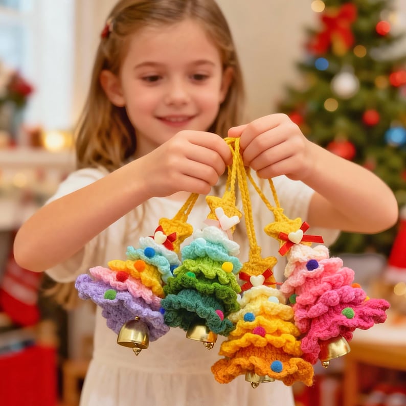 Crochet Christmas Tree Ornament–mini Bell Tree for Kids, Girls, Car ...