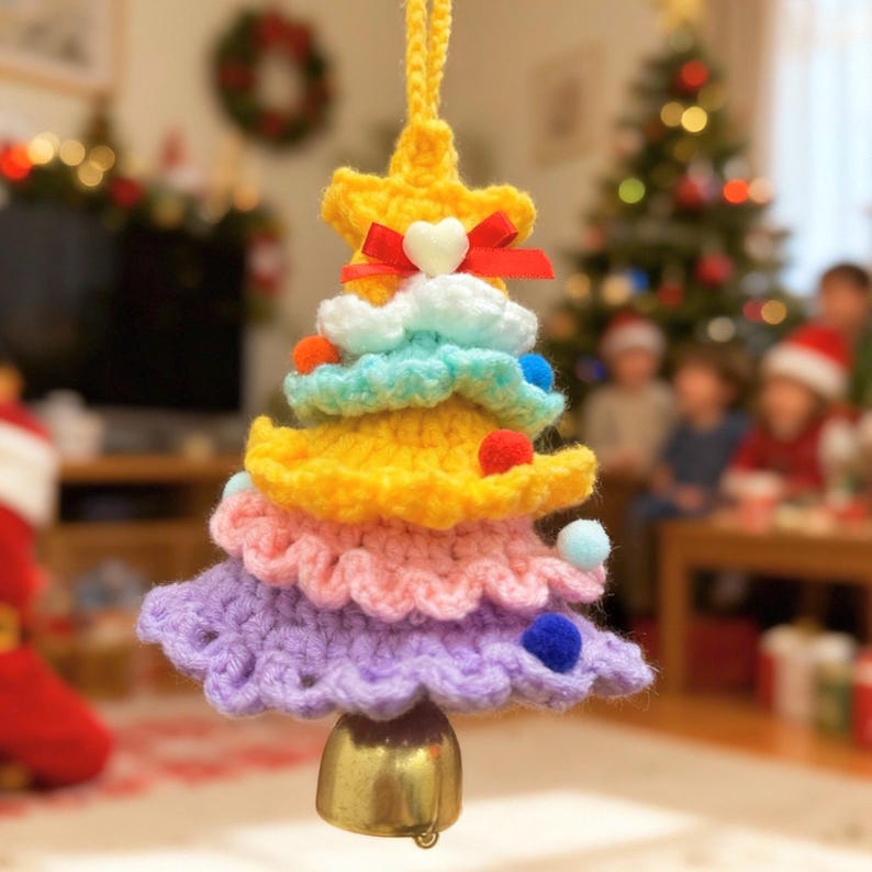 Crochet Christmas Tree Ornament–mini Bell Tree for Kids, Girls, Car ...