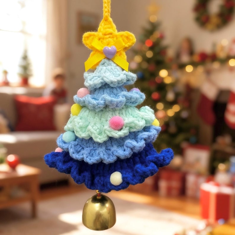 Crochet Christmas Tree Ornament–mini Bell Tree for Kids, Girls, Car ...