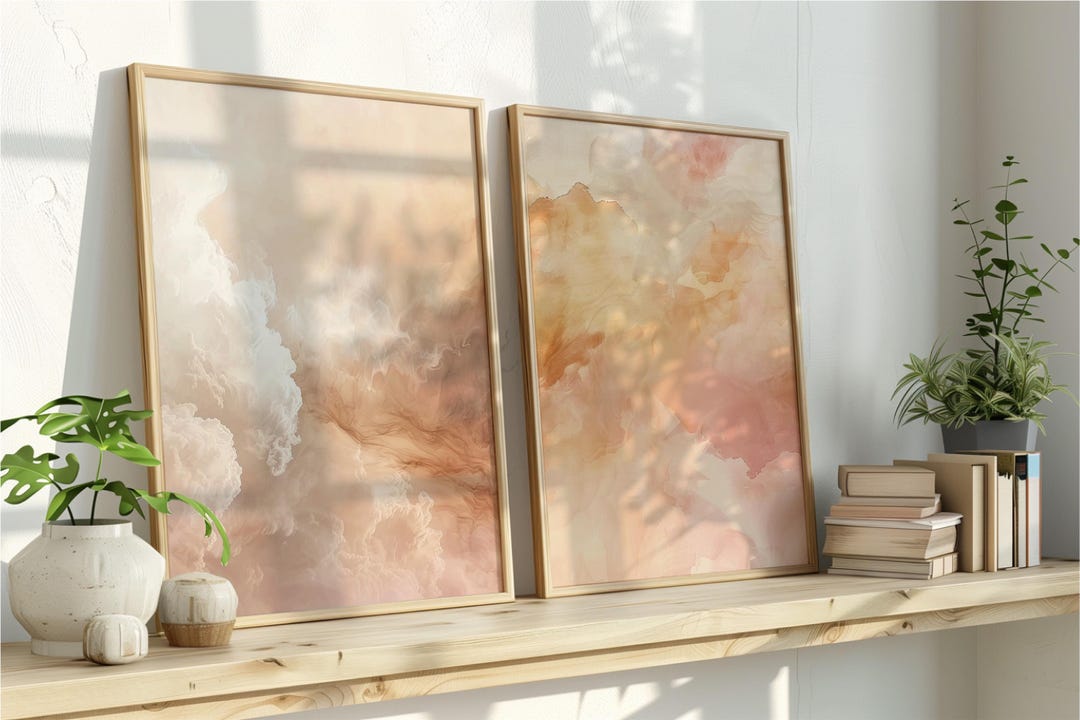 Set of 2 Beige & Warm Brown Smoke Art Prints | Ethereal Neutral Cloud ...