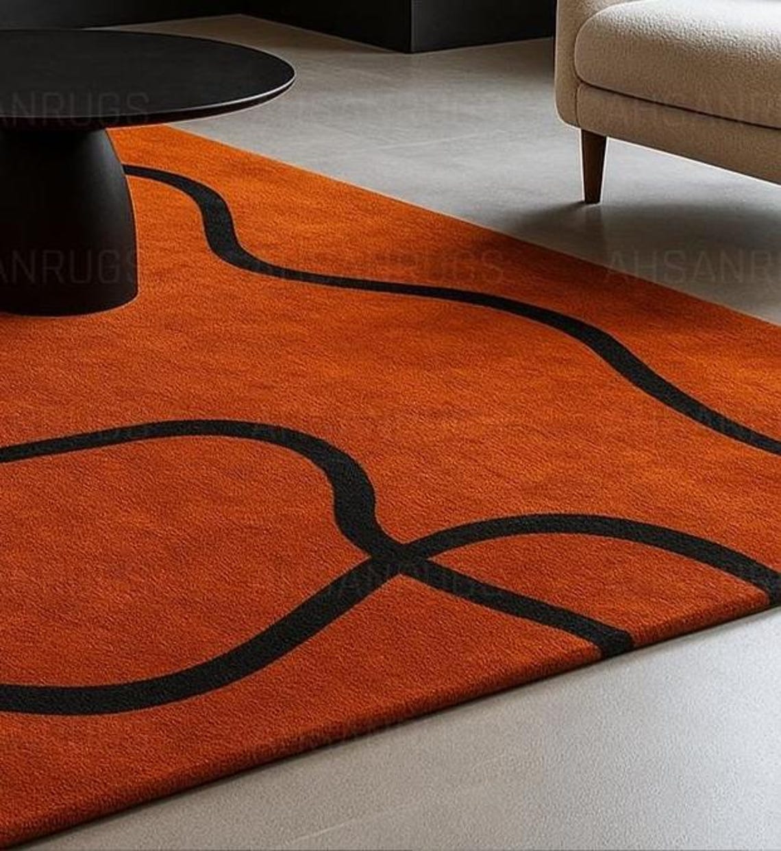 Hand-tufted Orange Area Rug, Modern Black Line Design - Etsy