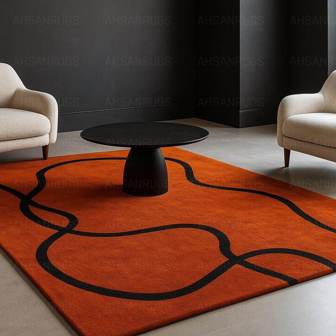 Hand-tufted Orange Area Rug, Modern Black Line Design - Etsy