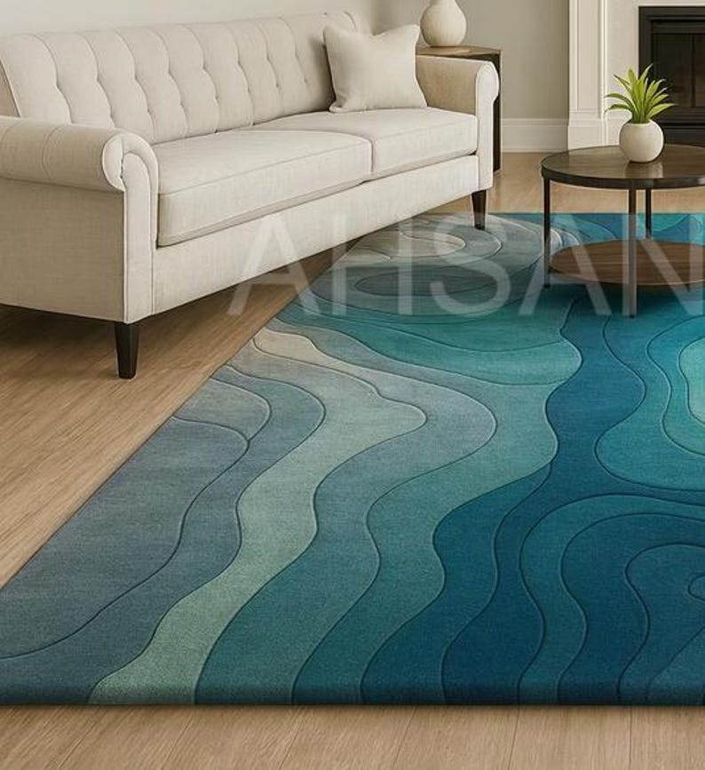 Abstract Ocean Wave Area Rug: Blue Teal Gradient, Coastal Decor - Etsy