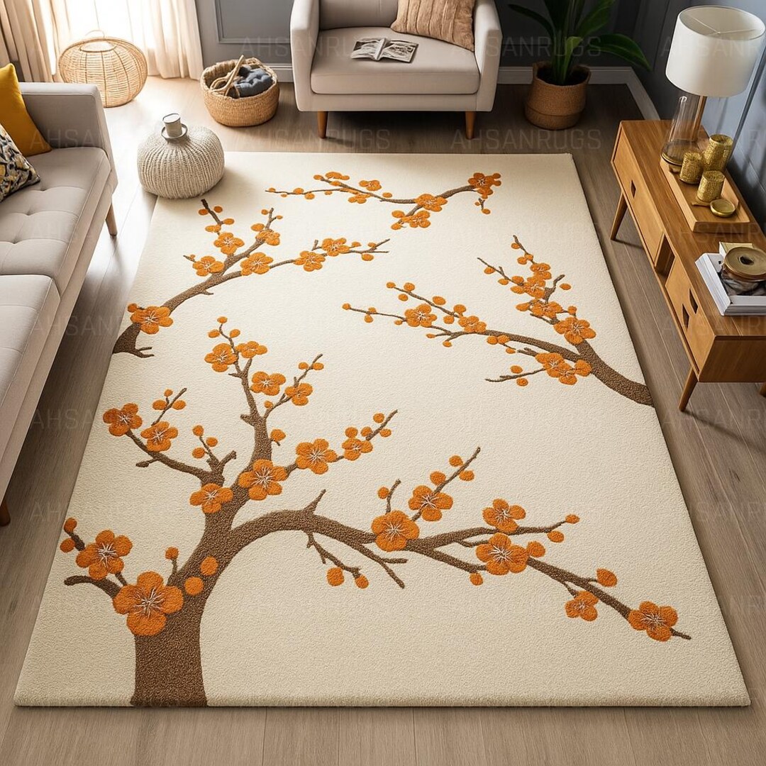 Orange Blossom Tree Area Rug – Cream Beige, Nature-inspired Carpet - Etsy