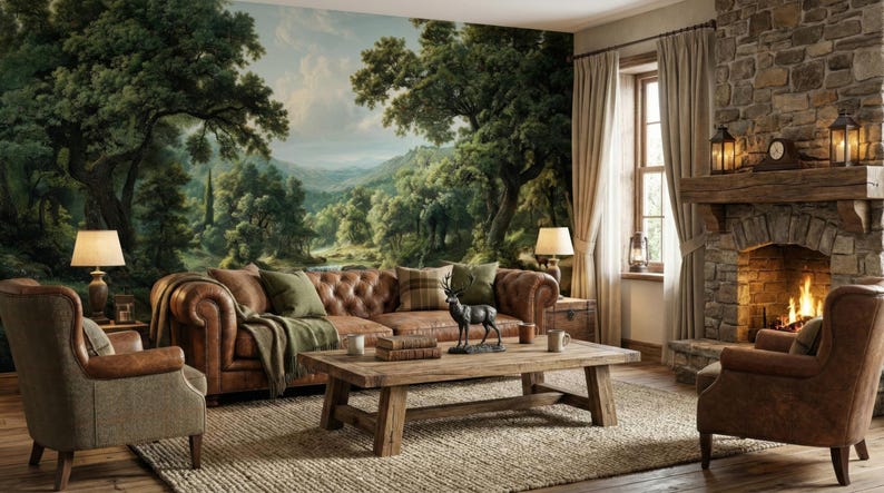 Forest Wallpaper Mural, Woodland Landscape Wall Mural With Deer, Green ...