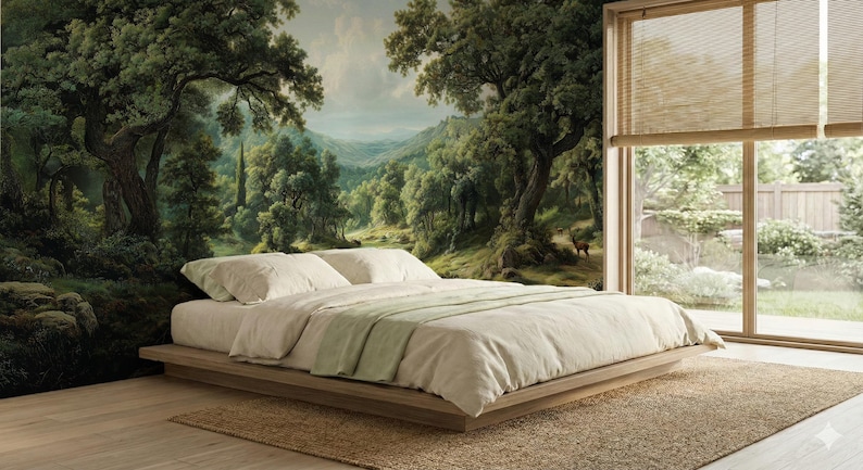 Forest Wallpaper Mural, Woodland Landscape Wall Mural With Deer, Green ...