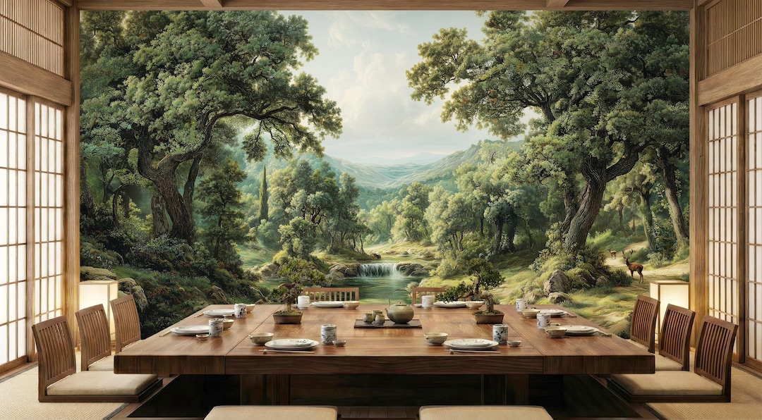 Forest Wallpaper Mural, Woodland Landscape Wall Mural With Deer, Green ...