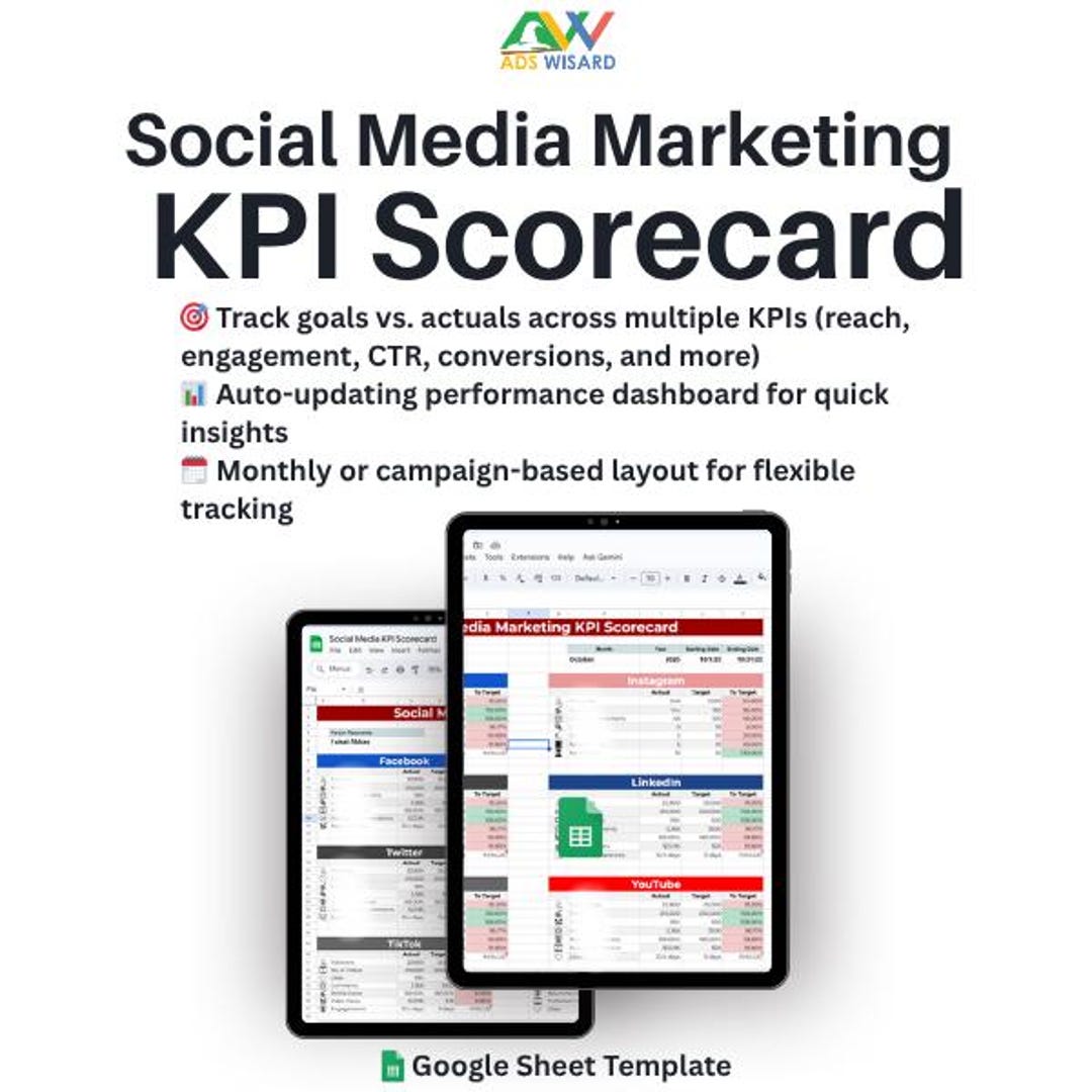 Social Media KPI Scorecard | Google Sheets Dashboard (digital Download ...