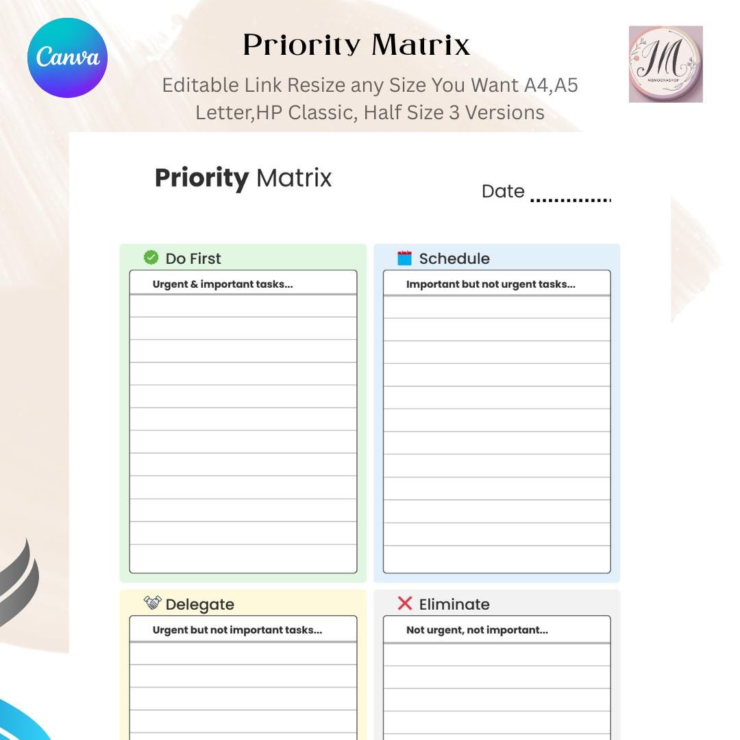 Priority Matrix Printable Planner With Decision Matrix and Eisenhower ...
