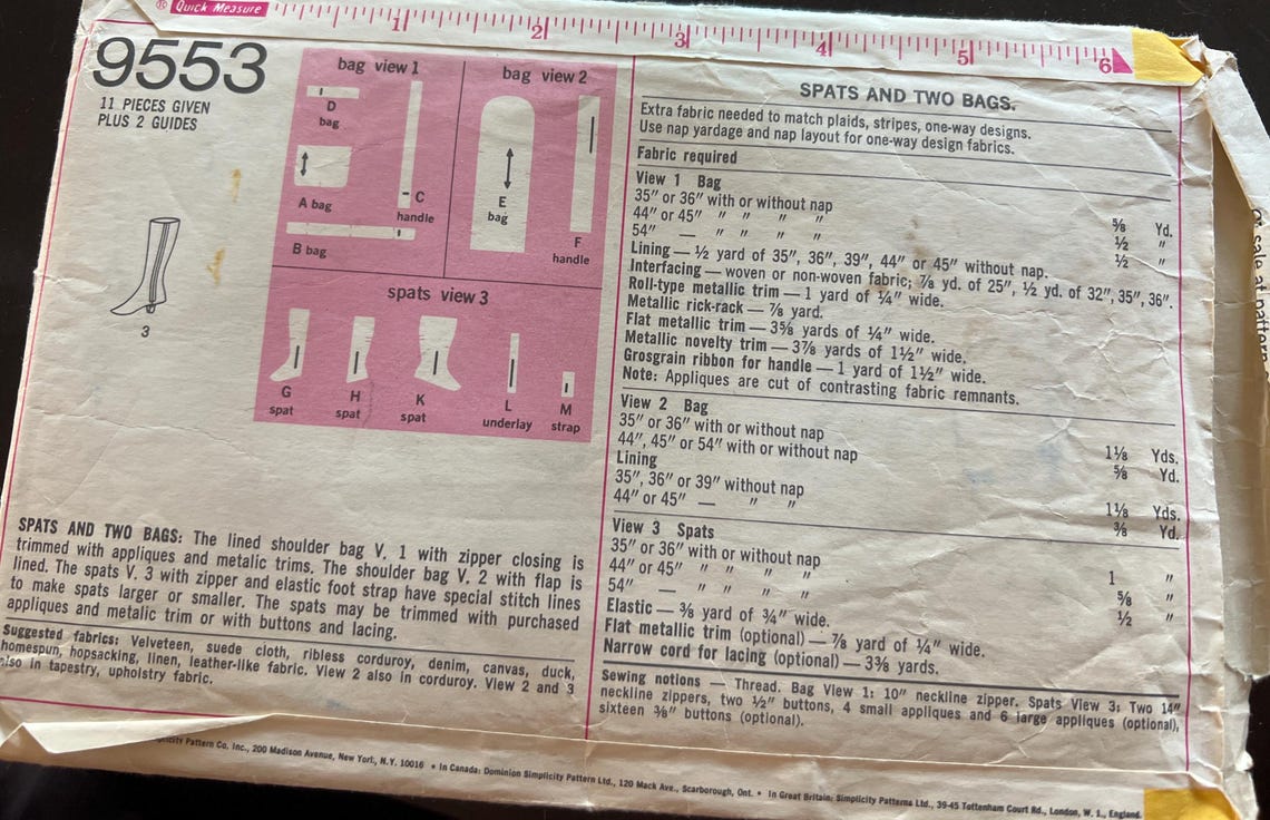 Simplicity 9553 70 Style SPATS Two Bags Interesting Pattern Making ...