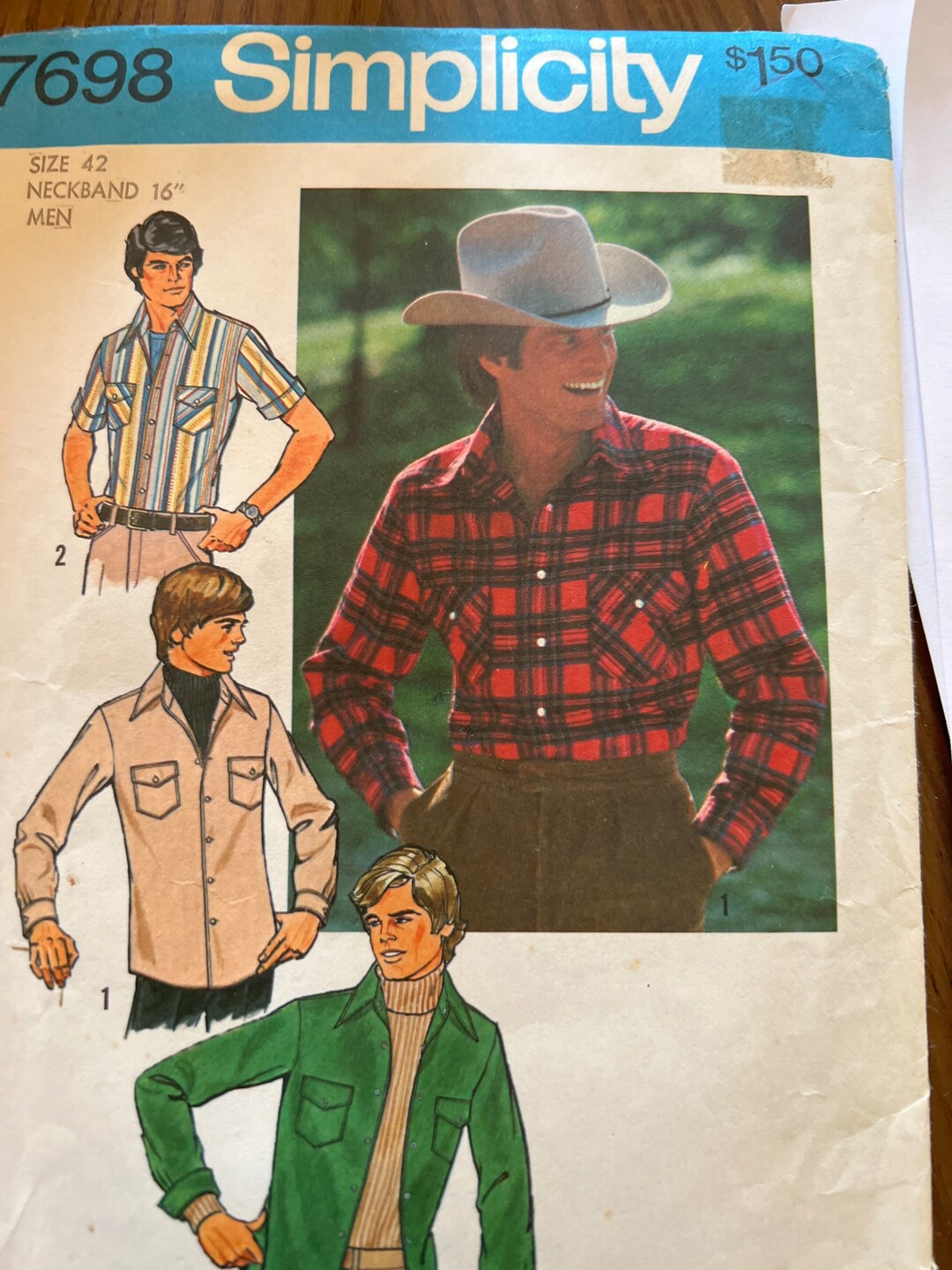 Vintage 70s Pattern Simplicity 7698 Men Shirt Top Stitch Sz 42 Neck 16 ...