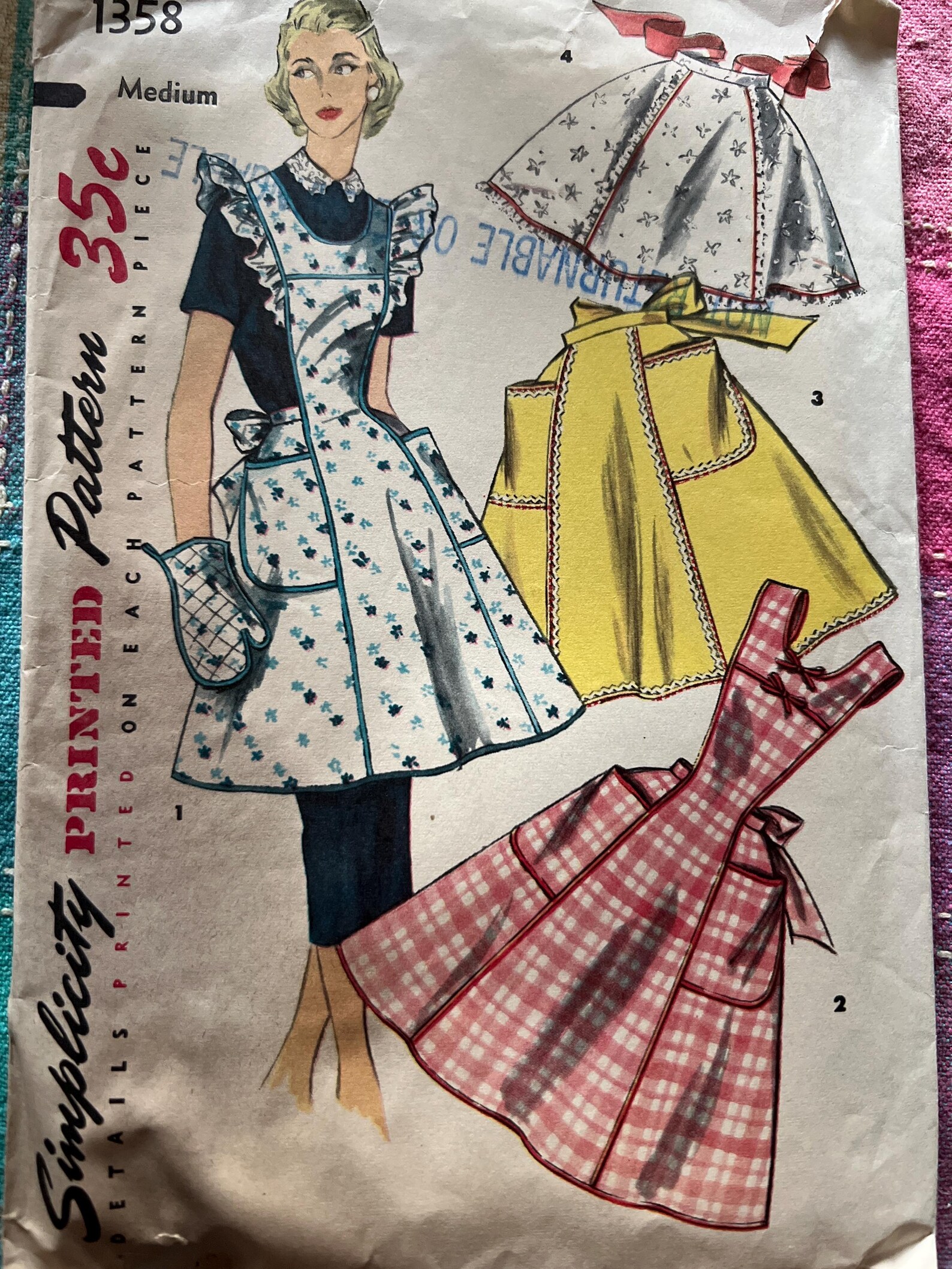 Vintage 50s Original Pattern APRON Simplicity 1358 4 Styles Aprons Oven ...