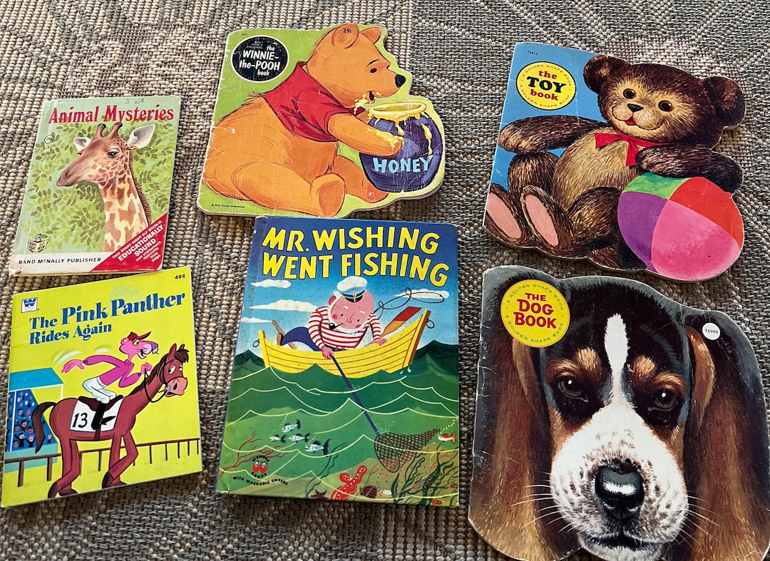 Vintage Book Lot 1950s 60s and 70s Winnie the Pooh, Dog Animal, Pink, Panther, Fishing and Toys ...