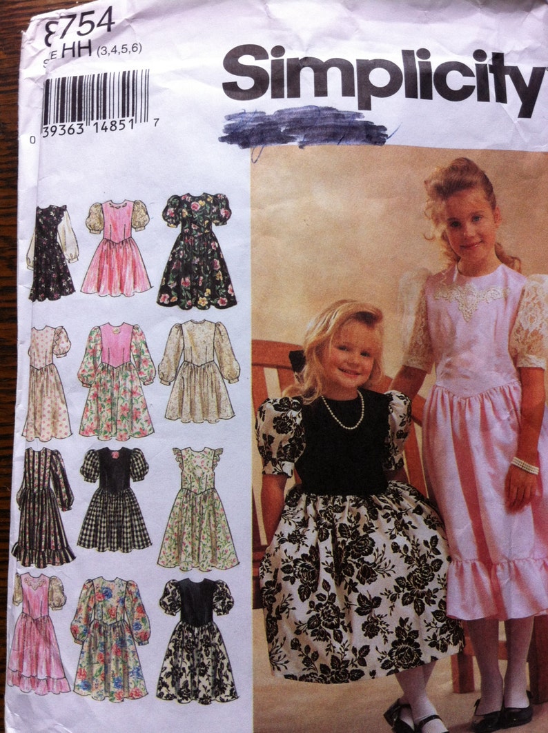 Girls' Fancy DRESS Pattern Sizes 3 4 5 6 Simplicity No. 8754 Vtg 90s ...