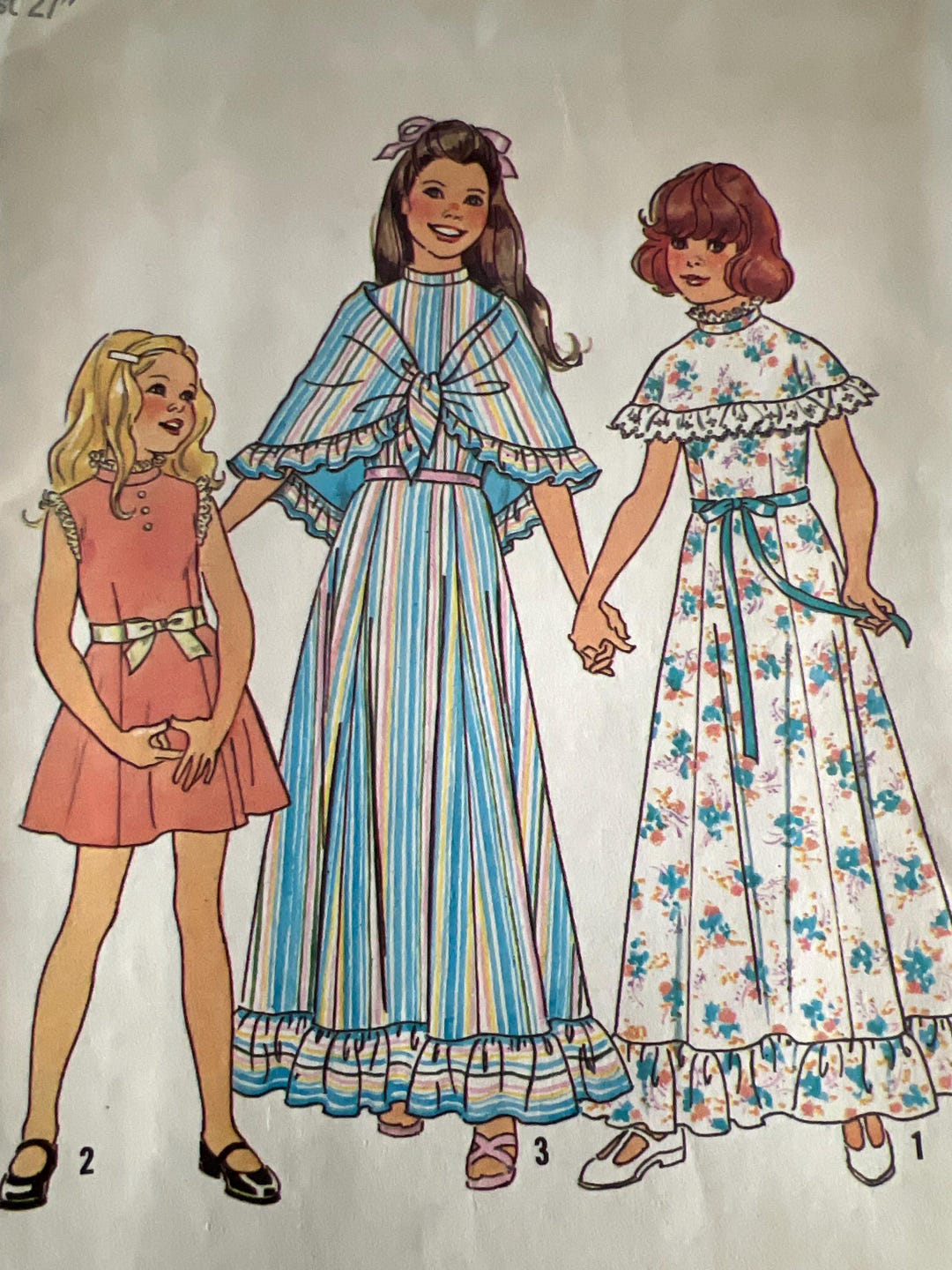 Girls Simplicity 7413 Orig Pattern 70s Style Size 8 SHAWL Dress Ruffle ...