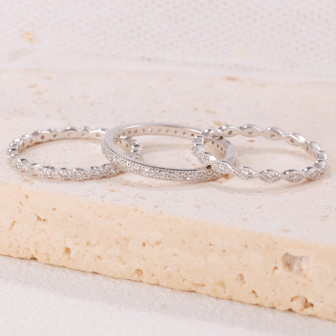 925 Sterling Silver Stackable Wedding Bands, 3 Pcs Ring Set, Dainty ...