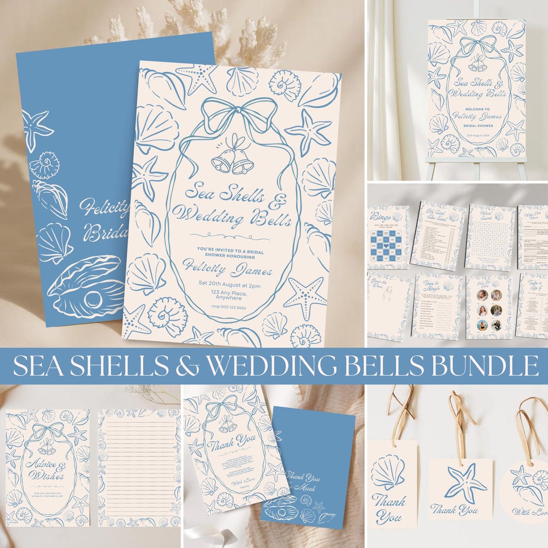 Seashells and Wedding Bells Bachelorette Bundle, Editable Bridal Shower ...