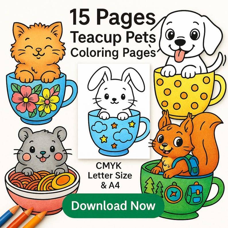 15 Pages Teacup Pets Coloring Pages | Cute Animal in Cup Printable ...