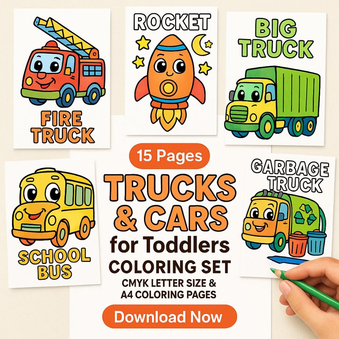 15 Trucks & Cars Coloring Pages for Toddlers | Printable Vehicle Coloring Book for Kids | Cute ...