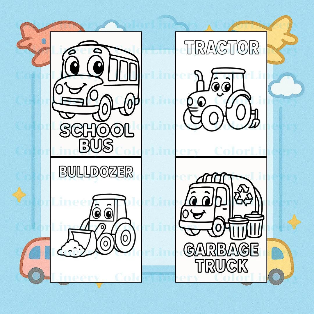 15 Trucks & Cars Coloring Pages for Toddlers | Printable Vehicle Coloring Book for Kids | Cute ...