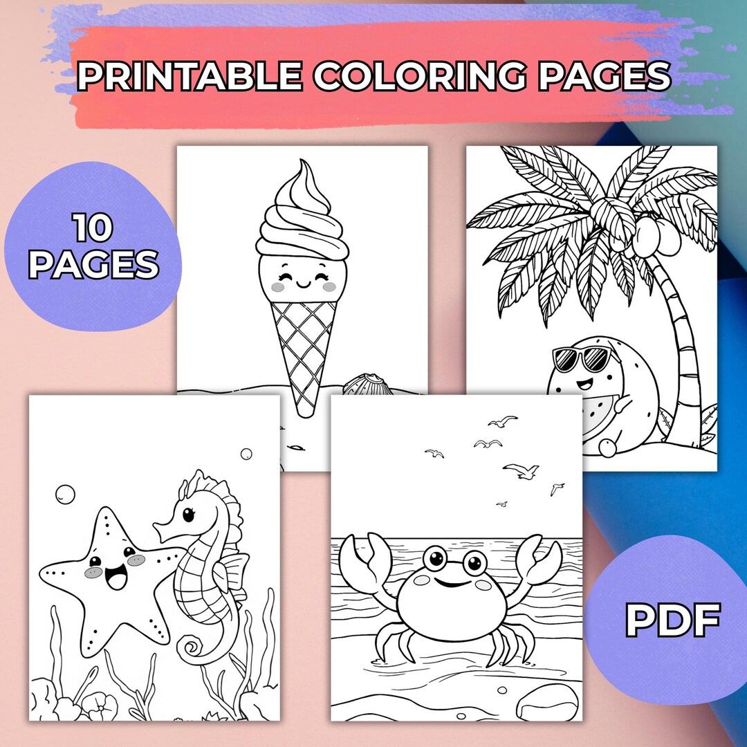 Summer Beach Coloring Pages: Kawaii Crab, Ice Cream (printable PDF ...