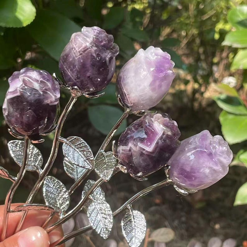 Natural Amethyst Rose, Hand Carved Rose Flower， Crystal Gemstone (1pcs ...