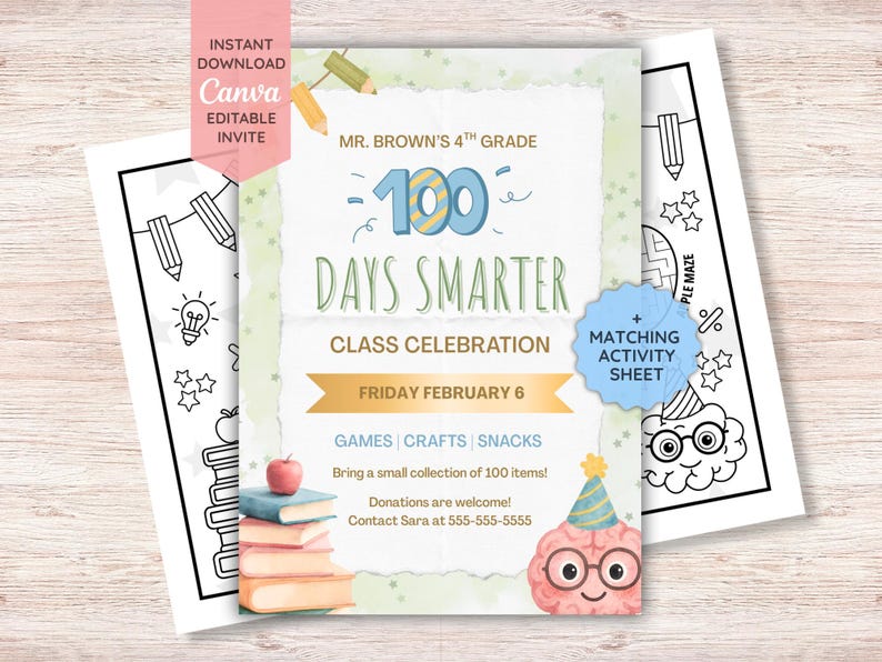 100th Day of School Classroom Flyer + Activity Sheet | Editable Canva ...