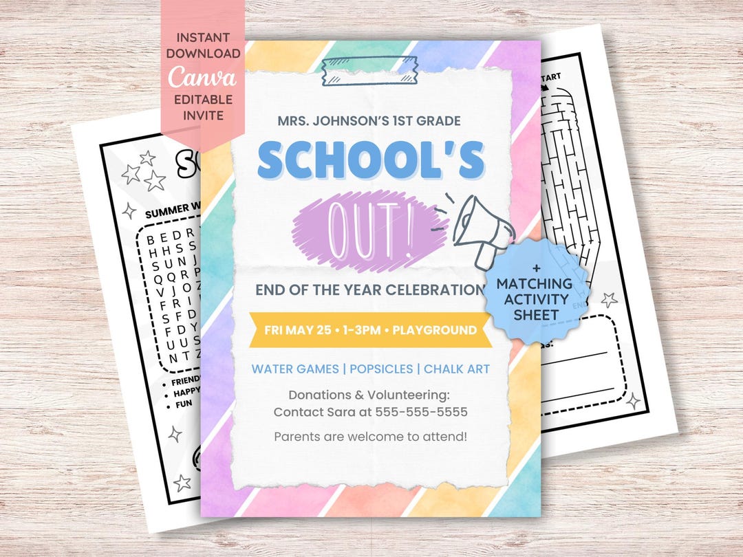School’s Out Classroom Party Invitation + Activity Sheet | Editable ...