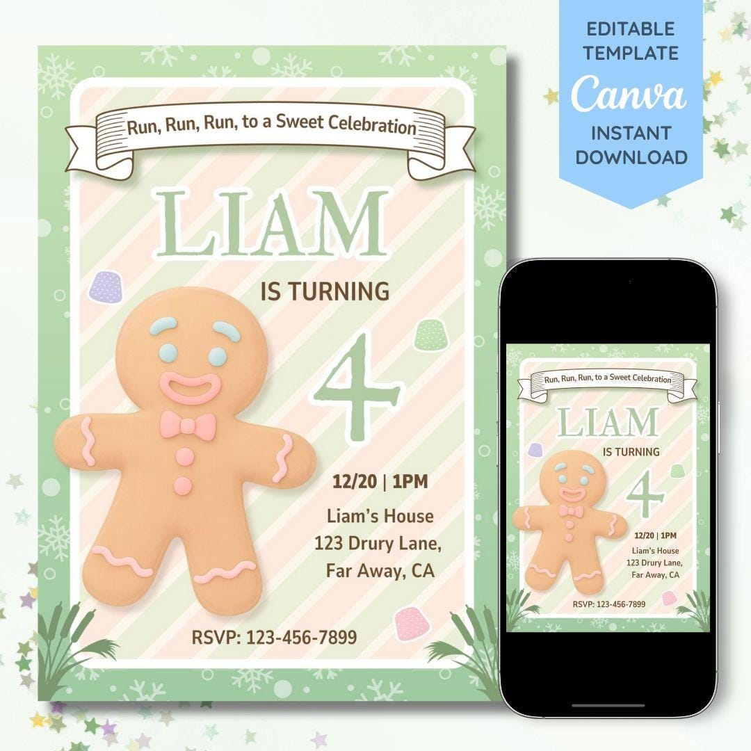 Gingerbread Man Birthday Invitation | Christmas Party Template ...