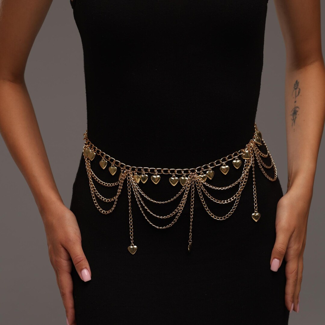 Gold Chain Belt With Hearth, Metal Heart Belt, Silver Heart Waist Chain ...