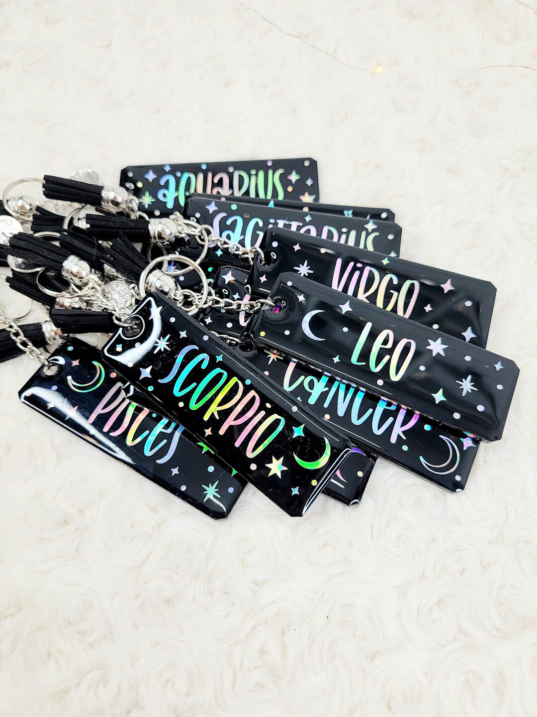 Holographic Zodiac Acrylic Keychain W/ Matching Charm and Tassel - Etsy