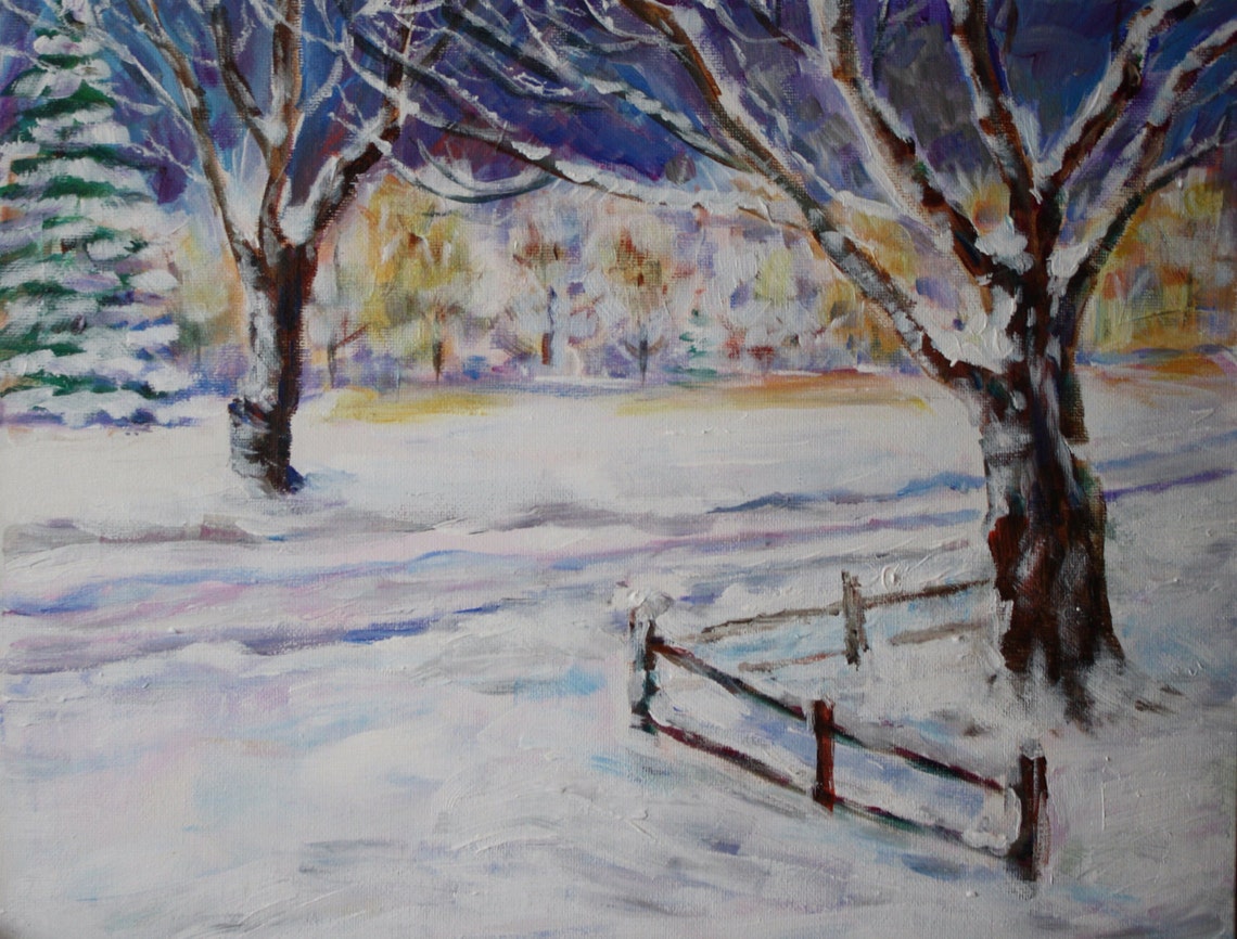 Winter Landscape Painting Original Acrylic Snow and Tree Impressionist ...