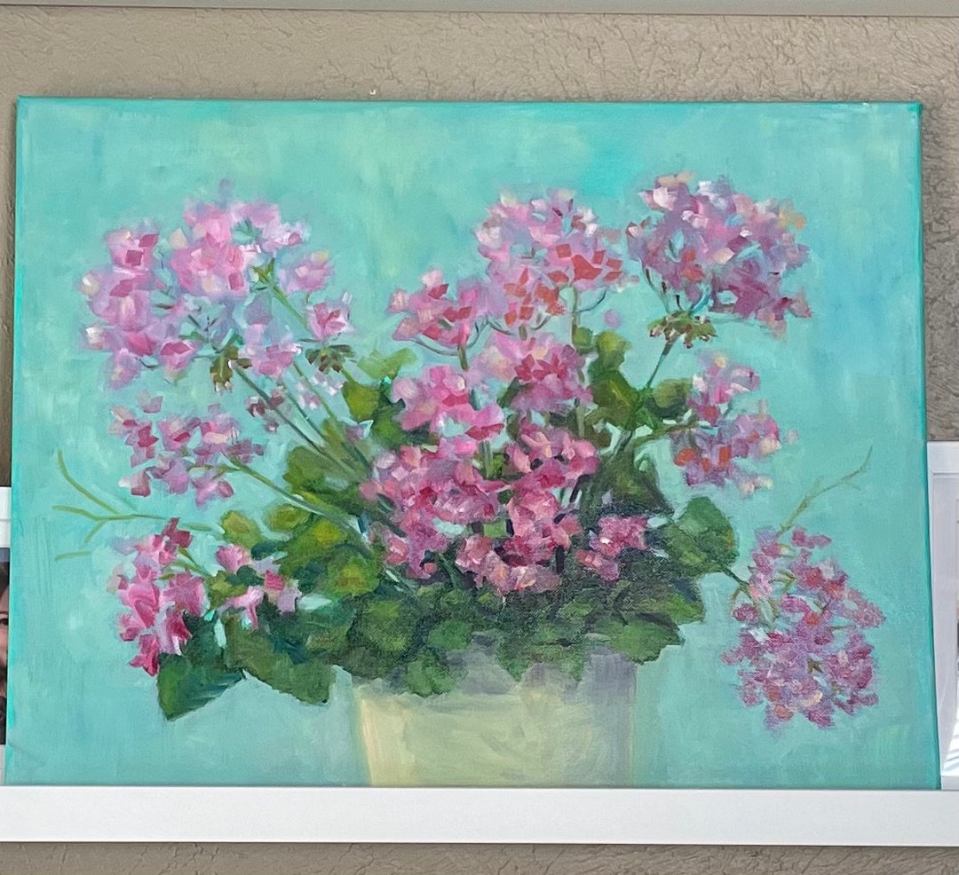 Pink Geranium Oil Painting, Original Art Canvas, Wall Hanging, Home ...