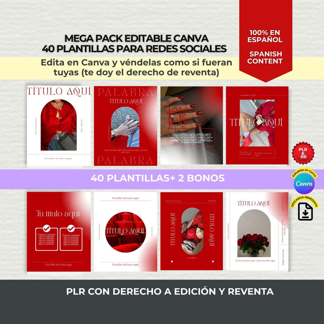 40 Social Media Templates in Spanish | Editable Canva Document | Red ...