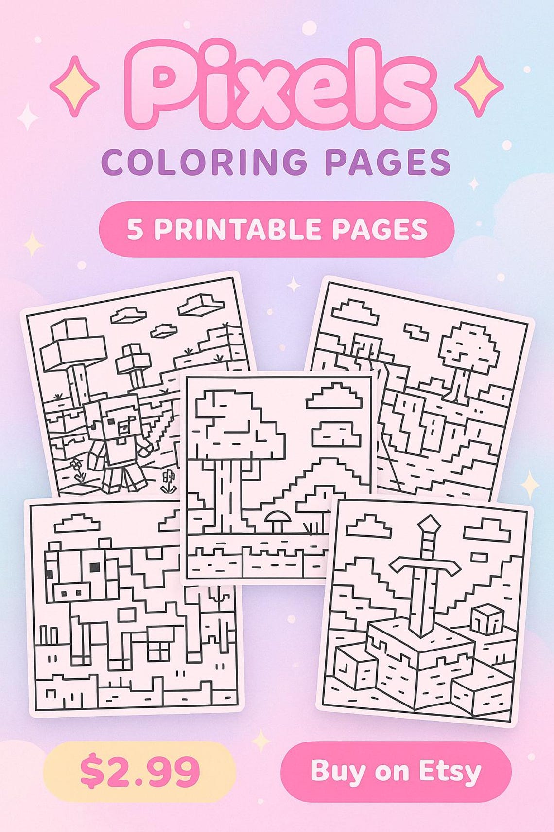 Pixels Coloring Pages Vol. 1 – 5 Printable Pngs, Instant Download, Cute ...