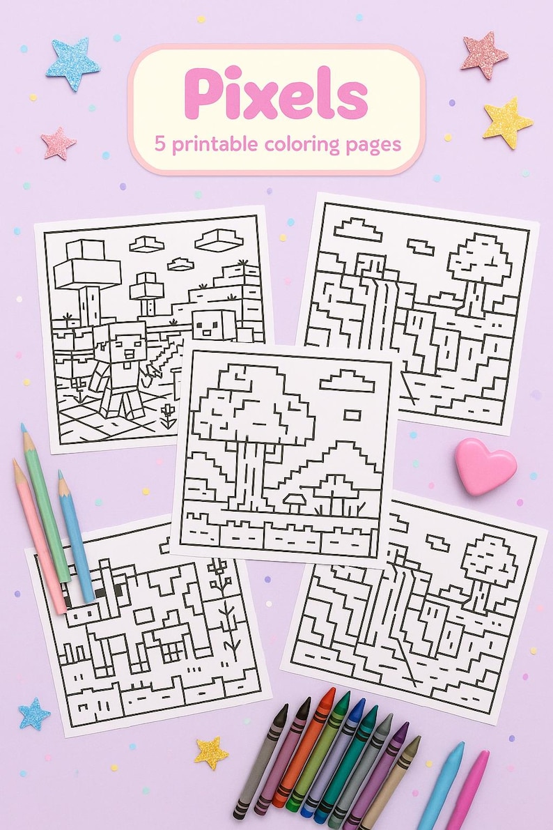 Pixels Coloring Pages Vol. 1 – 5 Printable Pngs, Instant Download, Cute ...