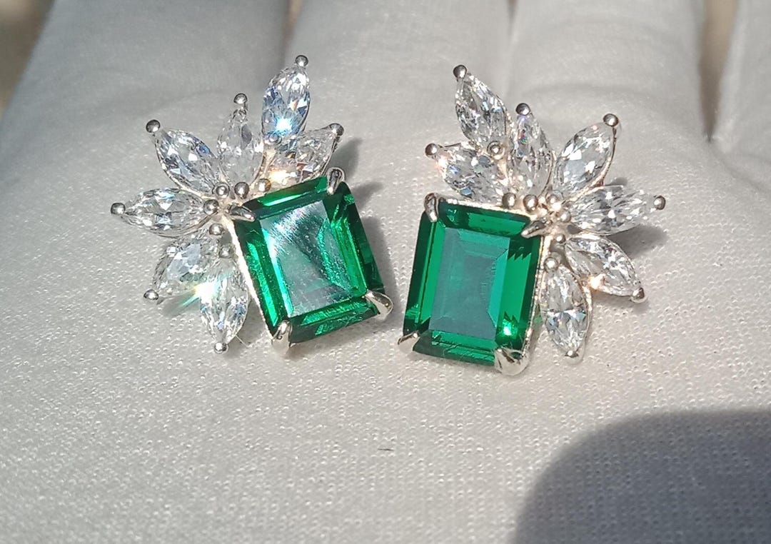 Emerald Cut Lab-created Emerald Earrings: 14K White Gold Plated Studs ...