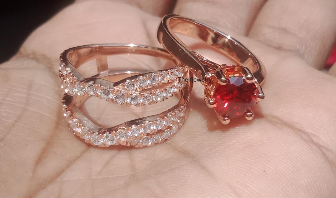 Ruby Engagement Ring Set: Rose Gold Plated Diamond Enhancer Bridal Ring ...