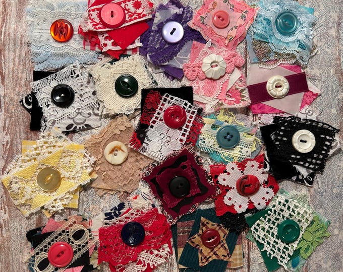 Set of 20 Handmade Fabric Clusters Snippets Mixed Colors Lace Ribbon ...