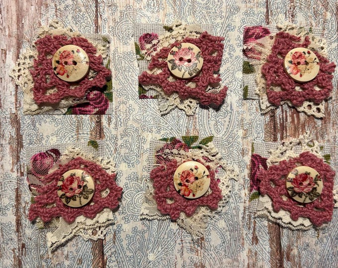 6 Handmade Fabric Clusters Snippets Shabby Chic Rose Floral Cream ...