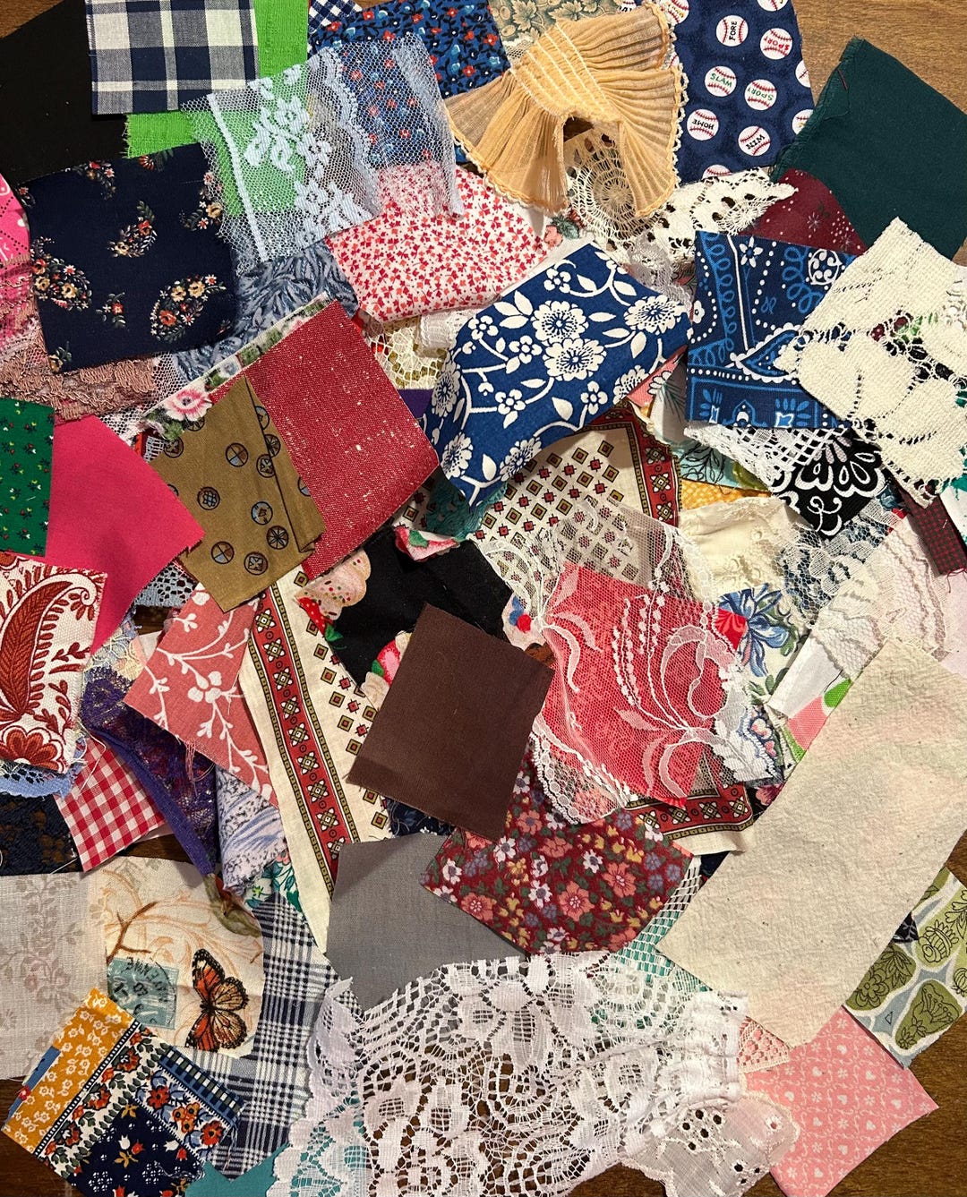 Fabric, Lace & Ribbon/trim Pack 100 Pieces for Clusters Snippets Craft Projects Snippet Rolls ...