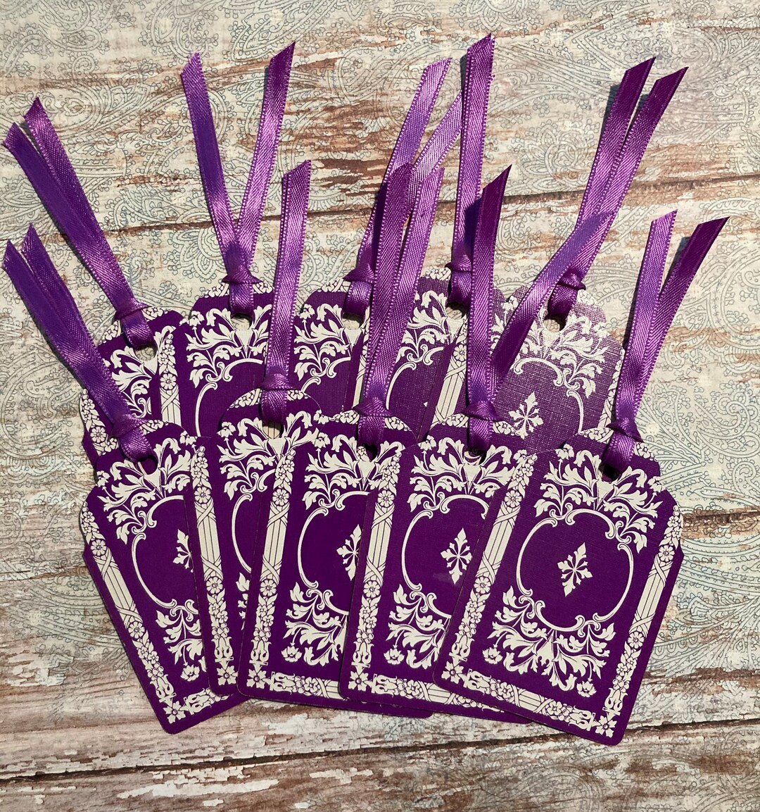 10 Vintage Playing Card Tags Purple & White With Ribbon, Made From Real ...
