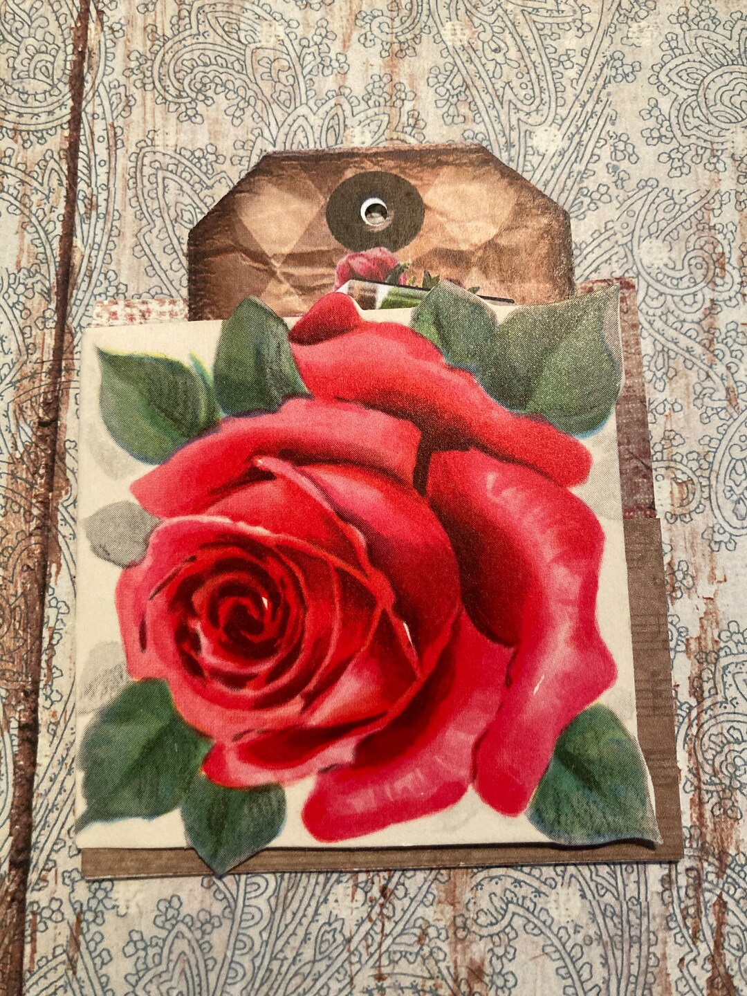 Vintage Red Rose Tally Card Pocket Folder, Hand Decorated, Red Roses ...