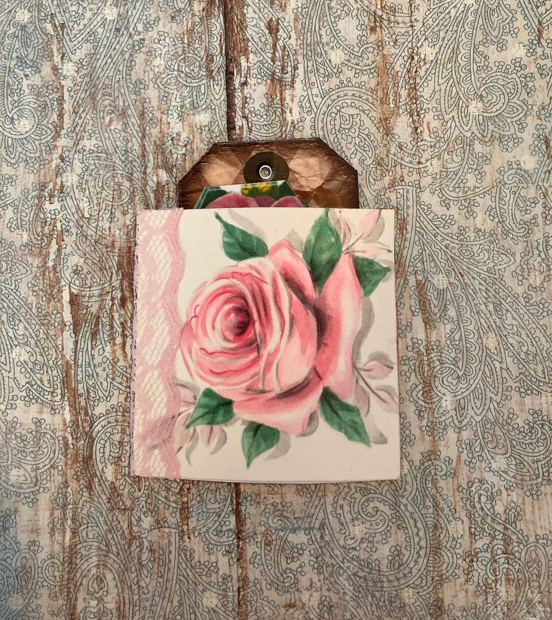 Vintage Pink Rose Tally Card Pocket Folder, Hand Decorated, Pink Roses ...