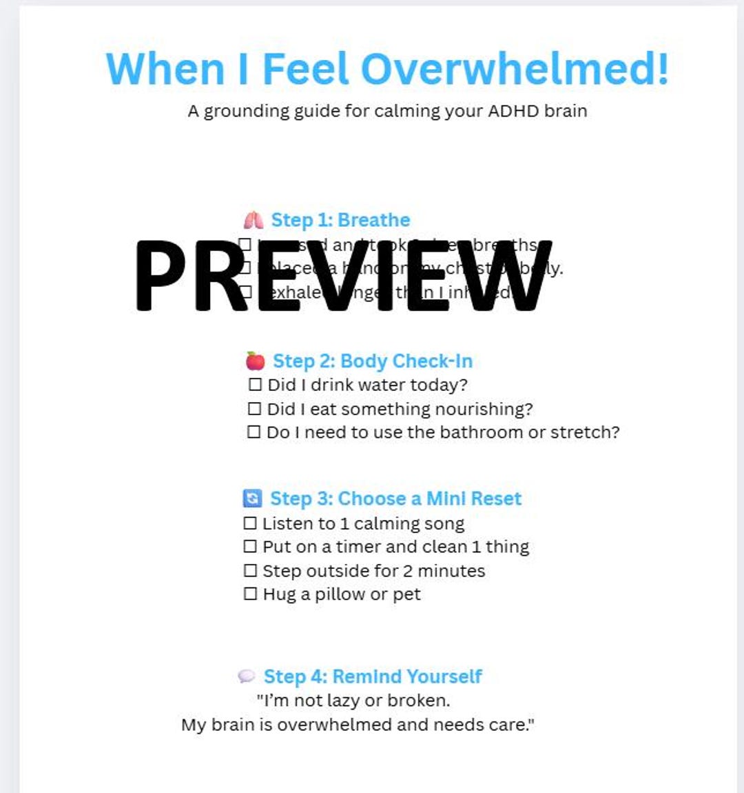 ADHD Overwhelm Coping Card | Printable Calming Worksheet | Mental ...