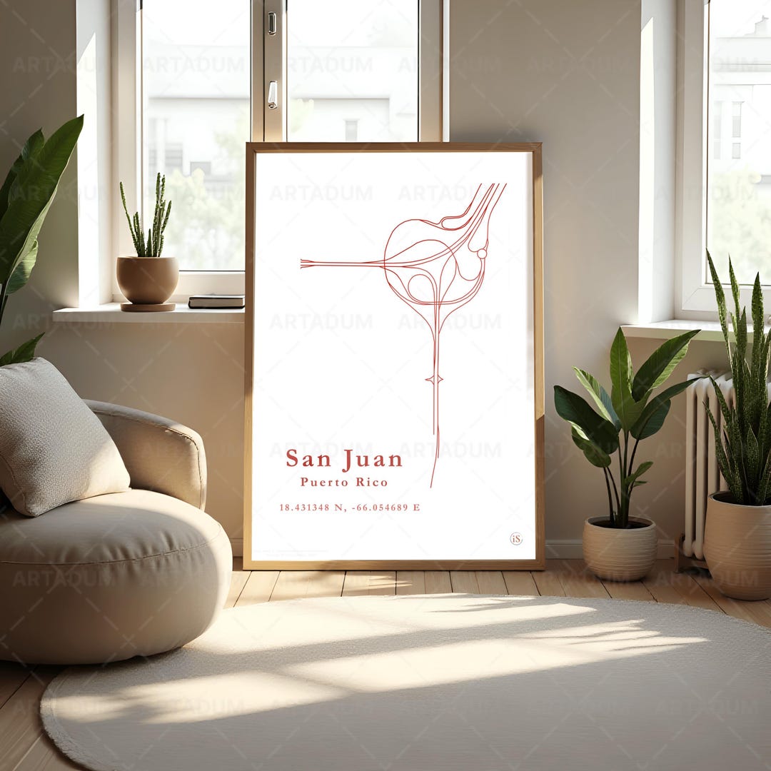 San Juan Map Print: Abstract Red Line Art, Puerto Rico (digital ...