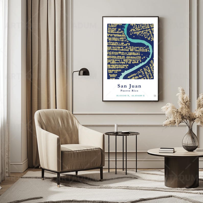 San Juan Puerto Rico Map Art Print: Royal Blue Cityscape (digital ...